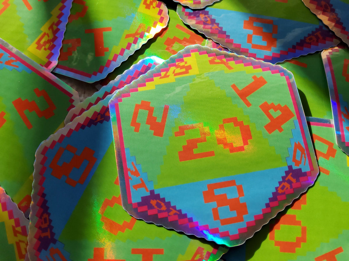 Rainbow Pixel D20 Dice Holo Sticker| Lairbrew